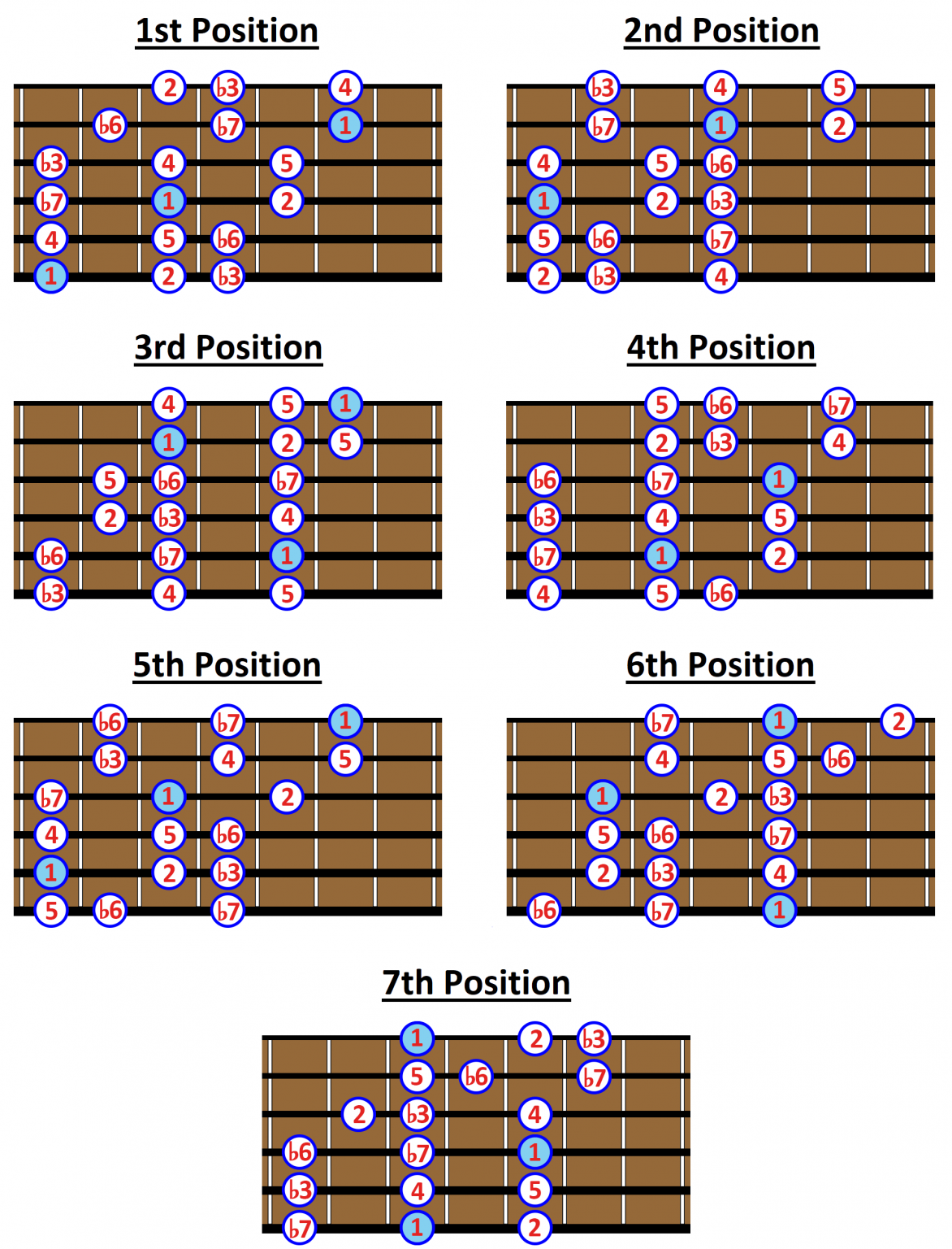 The NATURAL MINOR SCALE Notes and 7 Positions on the Guitar
